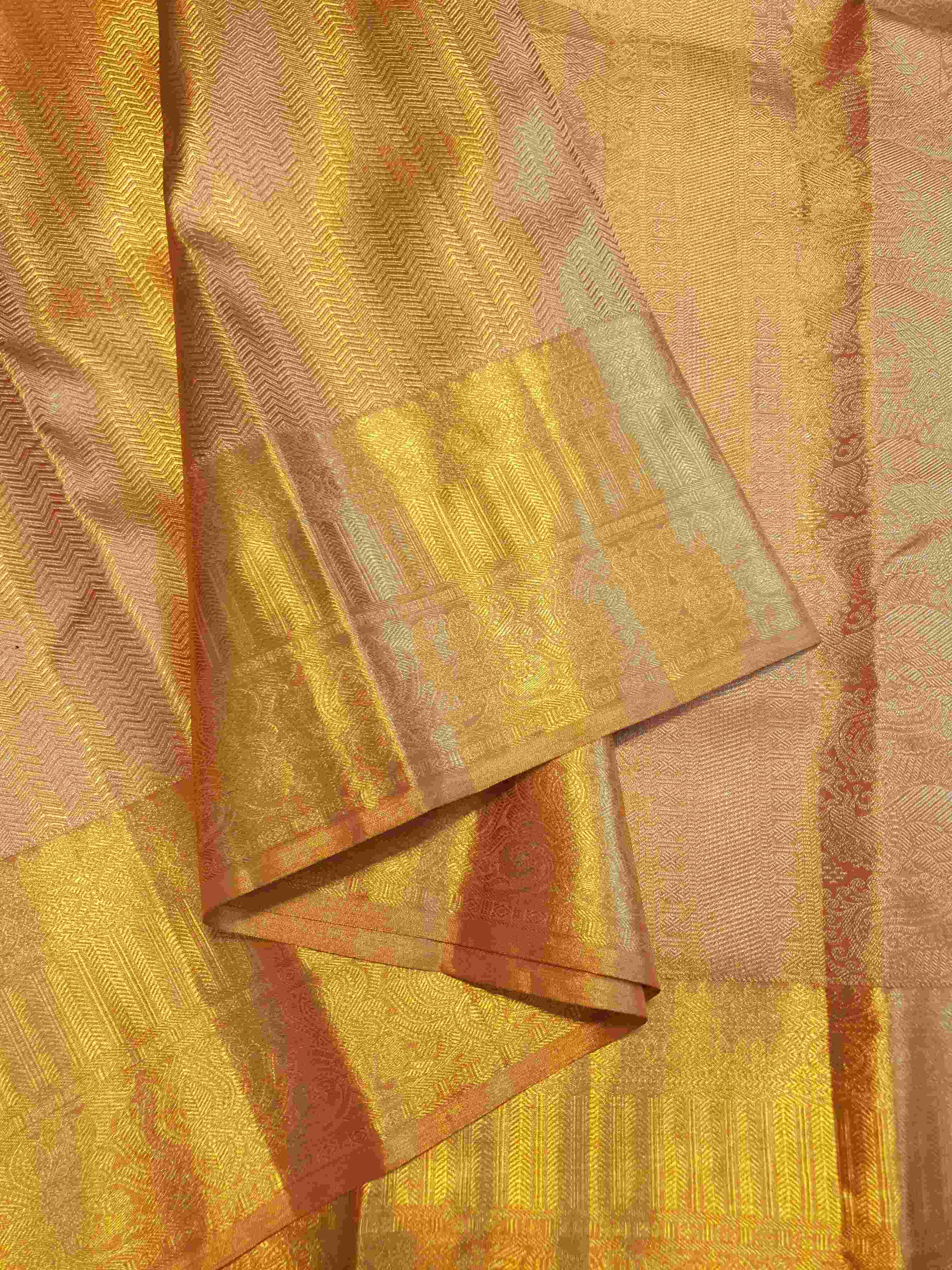 Gold and Hot Pink Kanchipuram Handloom Tissue Brocade Silk Saree